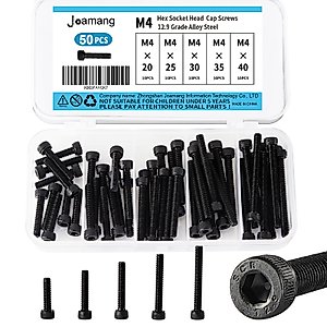 Joamang M4 x 20mm 25mm 30mm 35mm 40mm Hex Socket Head Cap Screws Bolts, 12.9 Grade Alloy Steel, Black Oxide Finish, Metric Allen Hex Drive, Fully Threaded, Assortment Kit 50Pcs
