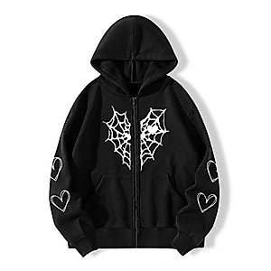 Y2K Gothic Spider Web Heart-shaped Print Hoodied Pullover Punk Zip Up Jacket Coat Harajuku Loose Oversized Streetwear (Black Pink,S)