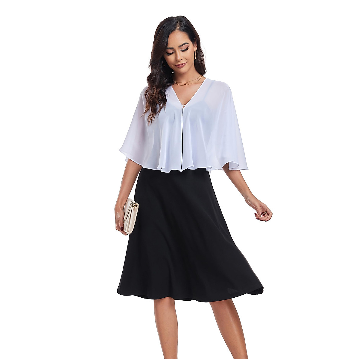 Fttyeiby Shawls and Wraps for Evening Dresses Chiffon Soft Wedding Guest Shawl Cape V Neck Capelets White