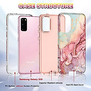 Btscase Compatible with Samsung Galaxy S20 Case 6.2 Inch, Marble Pattern 3 in 1 Heavy Duty Shockproof Full Body Rugged Hard PC+Soft Silicone Drop Protective Women Girl Phone Case, Rose Gold
