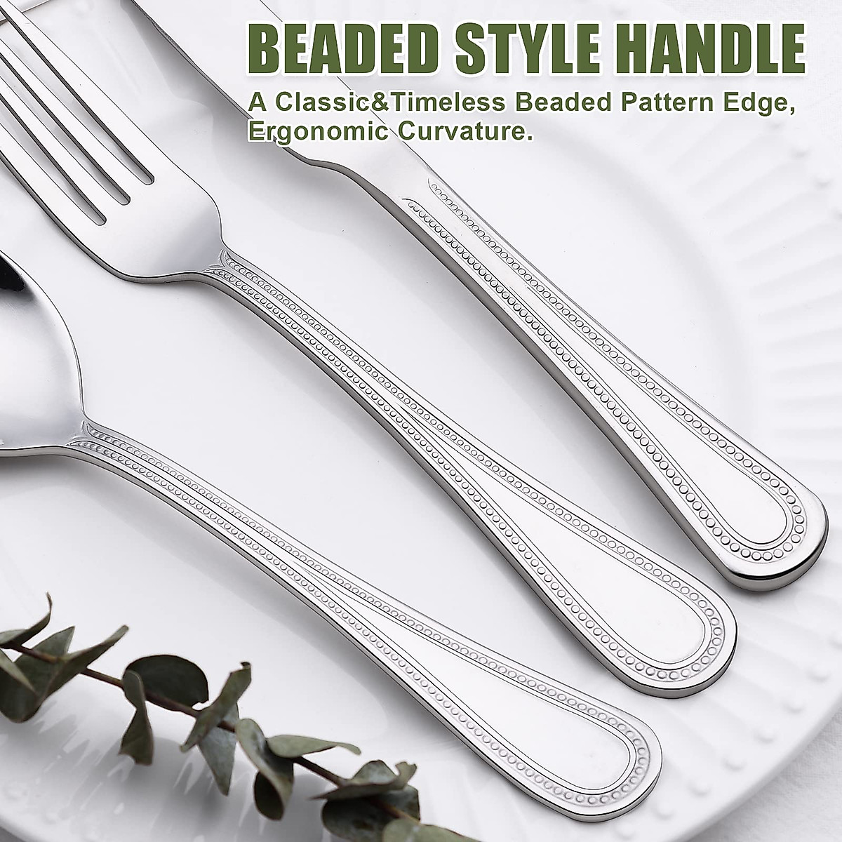 40 Piece Silverware Set for 8, Terlulu Stainless Steel Flatware Set, Mirror Polished Cutlery Set Utensil Set, Tableware Include Forks Spoons Knives for Home Restaurant, Beaded Handle, Dishwasher Safe