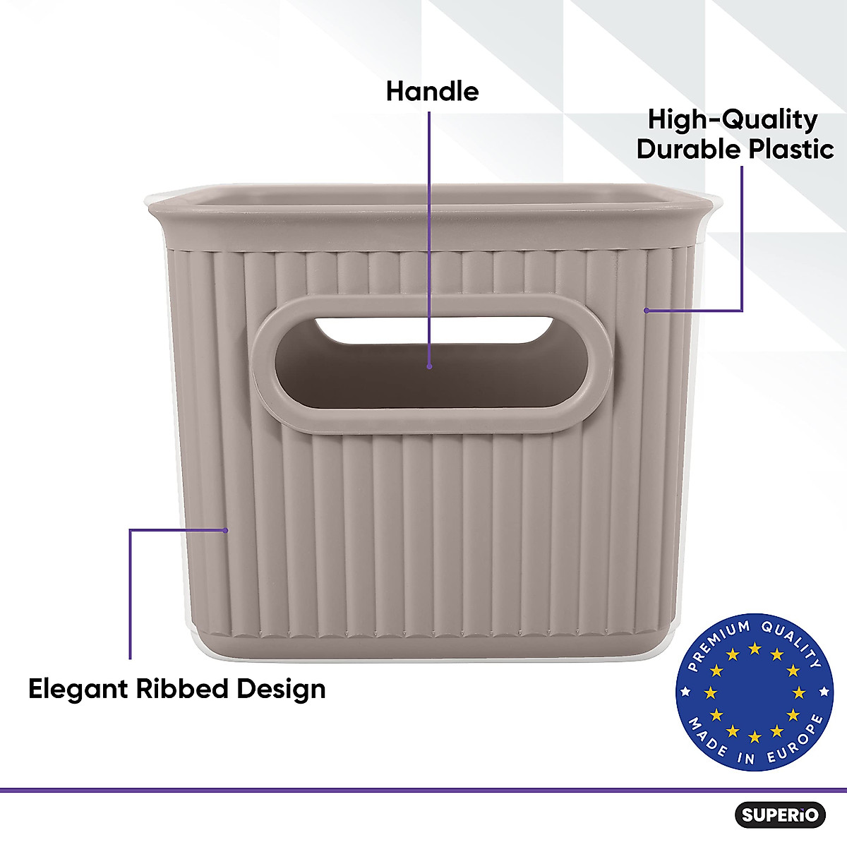 Superio Ribbed Collection - Decorative Plastic Open Home Storage Bins Organizer Baskets, Small Taupe (6 Pack) Container Boxes for Organizing Closet Shelves Drawer Shelf 1.5 Liter