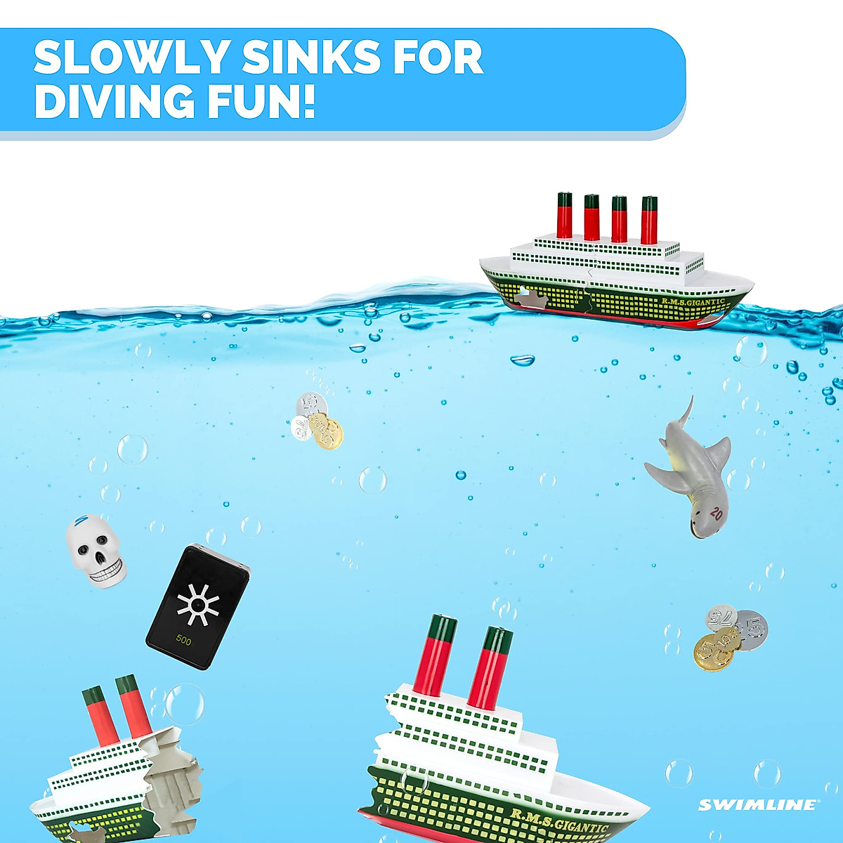 SWIMLINE Titanic Themed Dive Toy Sinking Ship Hidden Treasure Combo Pack Catch And Retrieval Cruise Ship Game For Swimming Pool & Bath Tub For Kids Multi Color Rings Underwater Dive Practice Education