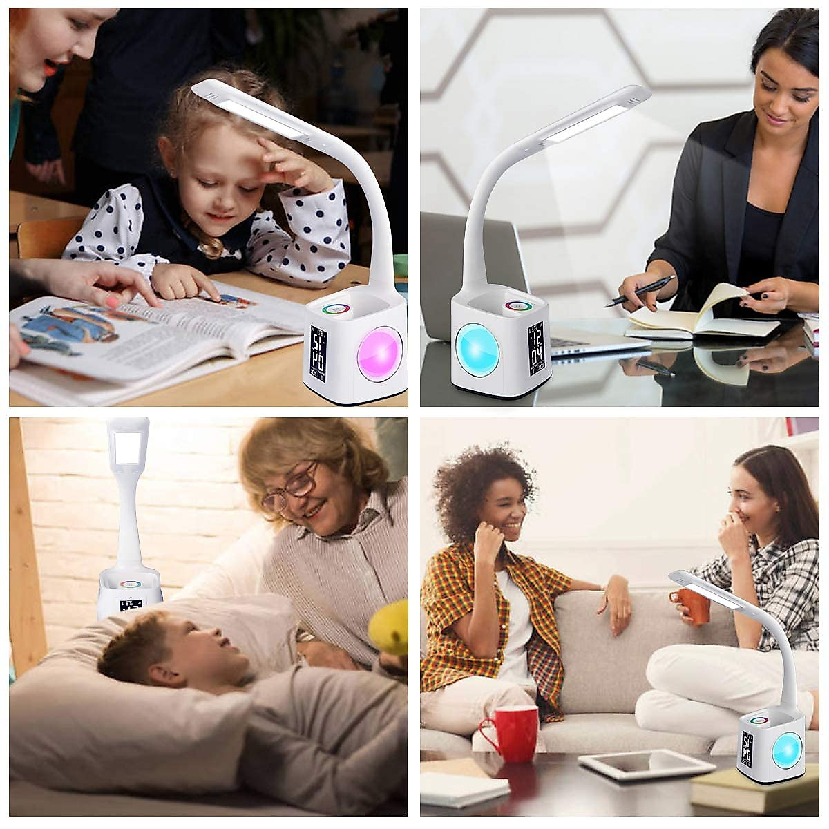Study LED Desk Lamp with USB Charging Port, Kids Dimmable LED Table Lamp with Clock and Pen Holder, Home Office, College Student Dormitory, Reading Eye Protection Desk Lamp, Color Night Light,10W