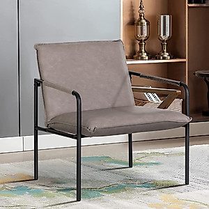 MAISON ARTS Steel Frame Leather Accent Chair Mid Century Modern Lounge Arm Chair Soft Upholstered for Home Office Study Living Room, 350LBS Bear Capacity, Grey