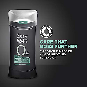 Dove Men+Care 0% Deodorant Stick for Men Aluminum free deodorant Eucalyptus+Birch Naturally Derived Plant Based Moisturizer, GRAY, 2.6 Ounce (Pack of 4)