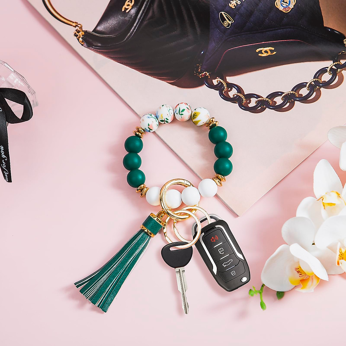 Manlosen Key Ring Bracelet Car Keychain Holder Wristlet Silicone Women Beaded Bangle Chains