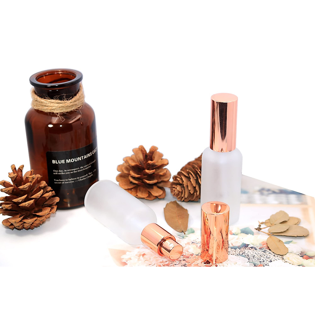 6 Pack 2 Oz Frosted Glass Spray Bottles with Fine Mist Atomizer,Rose-Golden Pump Cap,Empty Protable Travel Liquid Holder Containers for Perfume,Essential Oils-Stickers,Pipette&Funnel Included