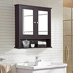 Sophia & William Mirrored Medicine Cabinet, Bathroom Wall Mounted Storage Cabinet with Double Mirror Doors and Adjustable Shelf, Coffee