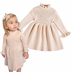 Simplee kids Little Girls' Long Sleeve Girl Dresses and Rompers Ribbed Knit Sweater Dress Apricot for 2T