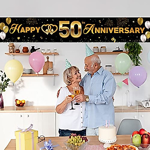50th Wedding Anniversary Yard Sign Banner Decorations, Golden Happy 50th Anniversary Decorations Backdrop, 50 Years Anniversary Party Supplies Gold for Outdoor Indoor, Sturdy Fabric Vicycaty