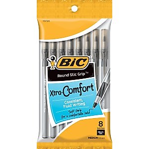 BIC Round Stic Grip Xtra Comfort Ballpoint Pen, Medium Point (1.2mm), Black, 8-Count