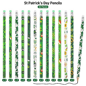 ADXCO 36 Pieces St Patrick's Day Pencils Green Shamrock Pencils with Erasers and Pencil Bucket Irish Pencils for St. Patrick's Party Favors Supplies, School, Classroom, 12 Styles