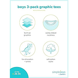 Simple Joys by Carter's Boys' 3-Pack Long Sleeve Shirts, Black Genius/Green Rocket/Grey Crocodile, 3T