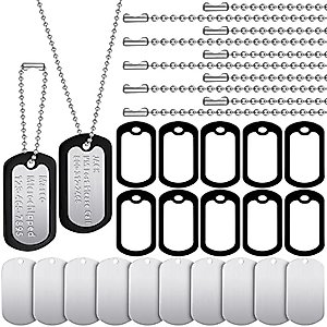 30 Pieces Military Dog Tags Set Including 10 Stainless Steel Blank Dog Tag 10 Steel Ball Chain and 10 Military Silicone Dog Tag Silencer Personalized Pets Tags for DIY Craft (Cute Style, Silver)