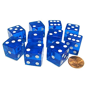 Set of 10 D6 Square Edged 19mm Dice - Transparent Blue with White Pips by Koplow Games