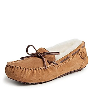 Dearfoams Women's Fireside Water Resistant Indoor/Outdoor Shearling Victoria Moccasin with Tie Slipper, Chestnut,8