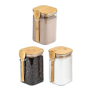 Set of 3 Square Glass Food Storage Containers With Bamboo Lids & Spoons – Decorative Airtight 40 Ounce Borosilicate Glass Food Storage Jars for Coffee, Tea, Sugar, Flour, Candy, Bath Salts & More