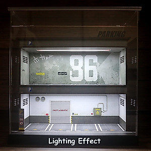 Hot Diecast Wheels Display Case - 1/64 Scale Die-cast Model Car Display Case with LED Light and Acrylic Cover, Wooden Parking Garage in 3 Floors with 10 Parking Spaces (86)
