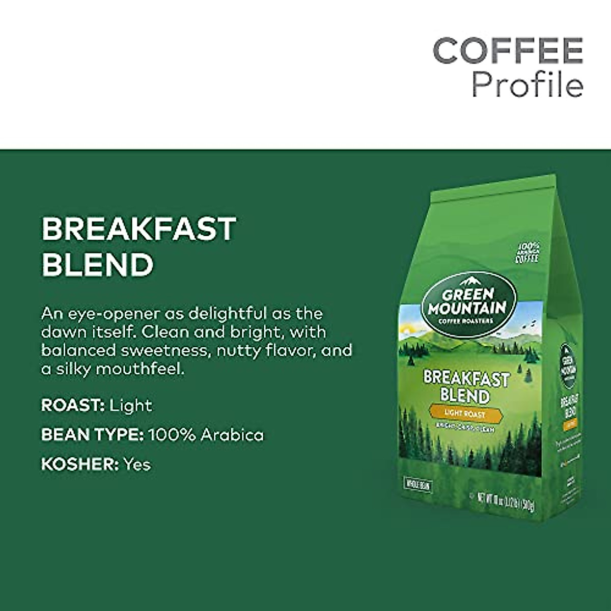 Green Mountain Coffee Roasters Breakfast Blend, Whole Bean Coffee, Light Roast, 18 Ounce (Pack of 1)