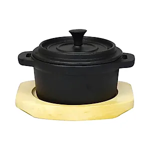 Frieling Cast Iron Mini Cocotte/Dutch Oven with Enamel Interior and Wood Trivet, 1.9 Cup, Black