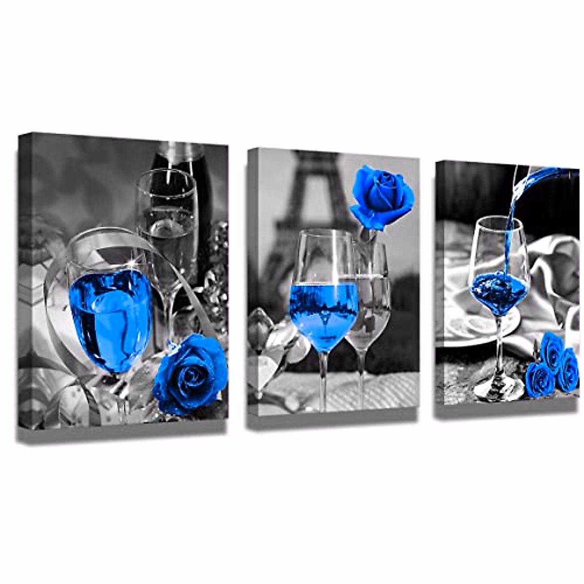 Blue wall decor Blue kitchen decor Bathroom, room, dining room decor Wine decor canvas art blue wine rose artwork black and white with blue wine painting print rose art dining room picture 12x16"x3