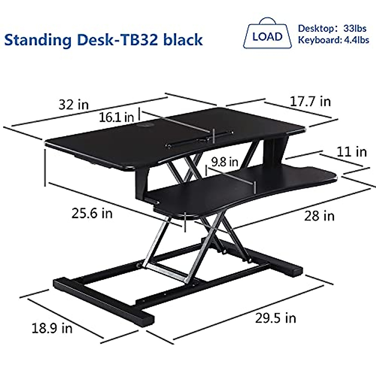 Legend Vansen Adjustable Height Standing Desk Converter Wide Laptop Riser or Dual Monitor Workstation, 32 Inch, Black