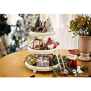 SwallowLiving Farmhouse 3 Tier Tray, White Three Tiered Tray Wood Stand with Shabby Chic Beaded for Home & Kitchen or Coffee Bar Decorations, 12.4 x 12.4 x 16.5 inchs