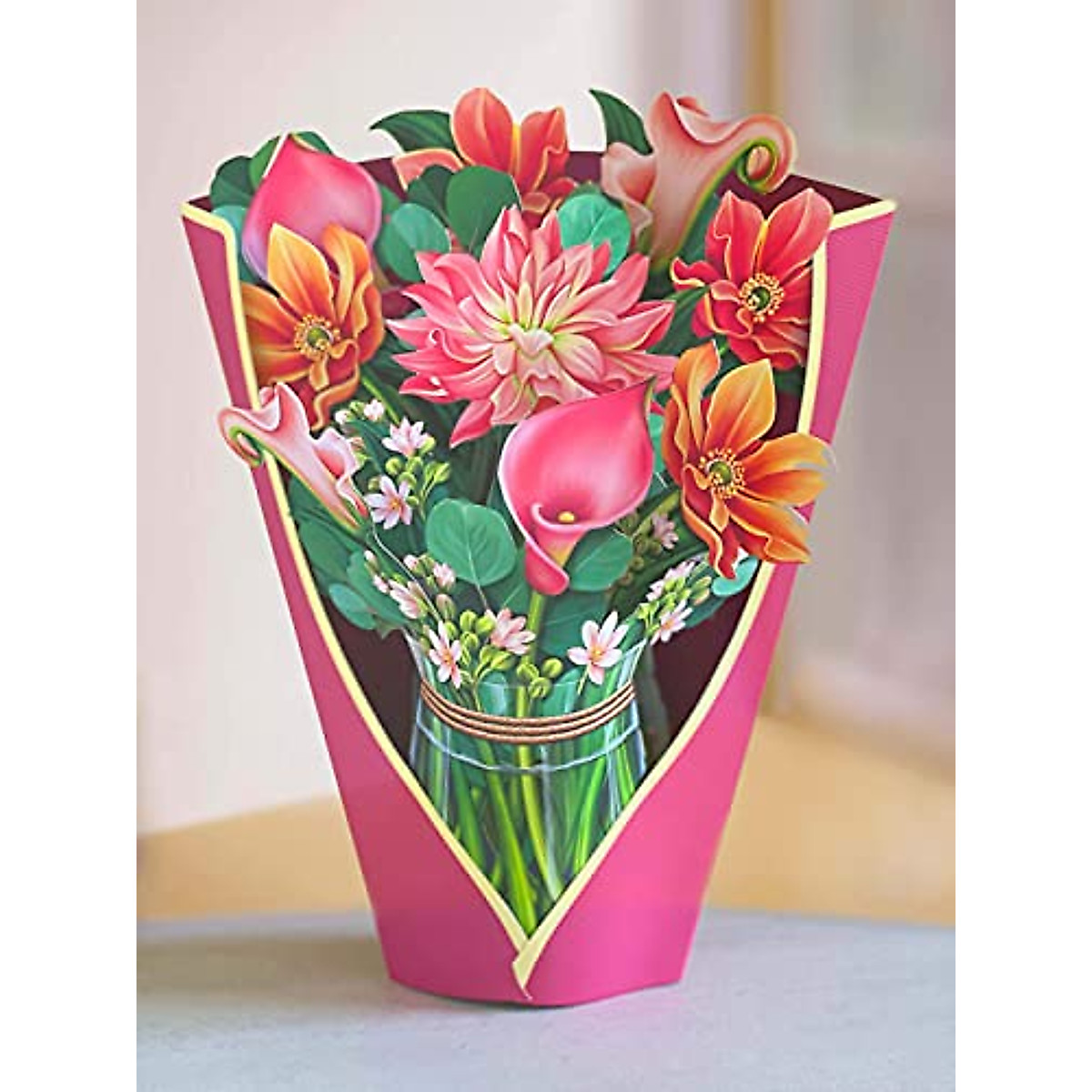 Freshcut Paper Pop Up Cards, Dear Dahlia, 12 inch Life Sized Forever Flower Bouquet 3D Popup Greeting Cards with Note Card and Envelope - Dahlia & Cala Lily Flowers
