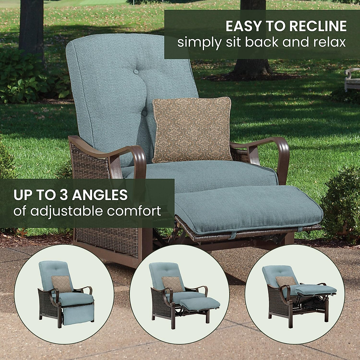 Hanover Ventura Brown Wicker Outdoor Recliner Chair with Cushions and Accent Pillow, Luxury All-Weather Outdoor Patio Recliner Chair with Rust Resistant Steel Frames for Deck, Backyard, Pool Side