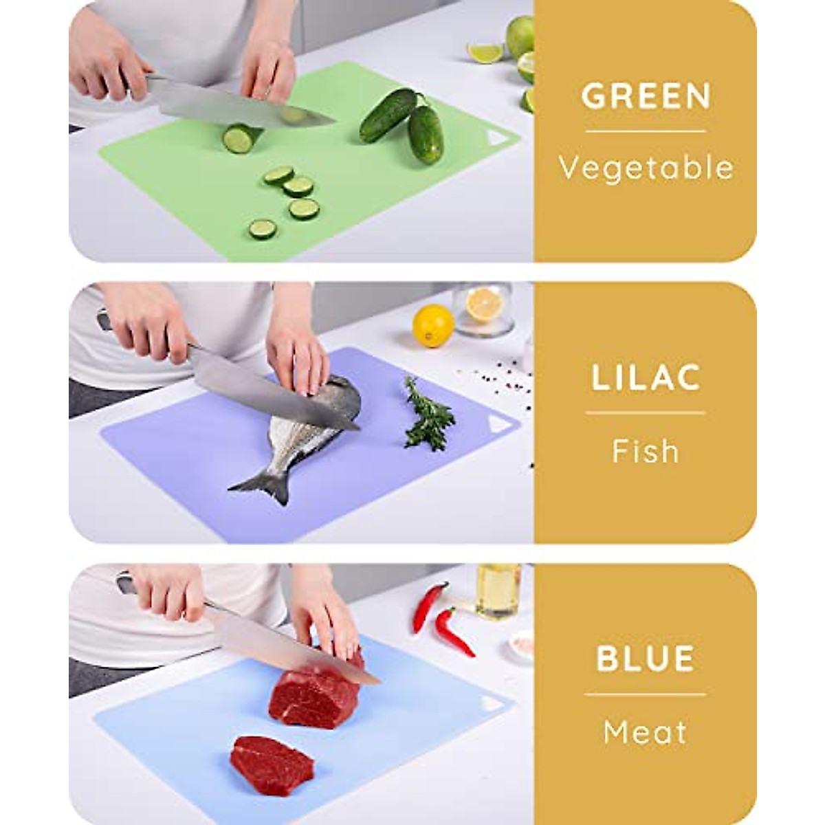 Extra Thin Flexible Cutting Boards for Kitchen - Cutting Mats for Cooking, Colored Cutting Mat Set with Easy-Grip Handles | Non Slip Cutting Sheets, Flexible Plastic Cutting Board Set of 3 (15"x12")