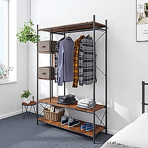 PAUKIN Industrial Entryway Hall Trees with Hooks, Storage Shelves and Shoes Bench, Freestanding Closet Organizer Clothes Rack with Coat Rack, Closet Garments Shelf for Hallway, Bedroom