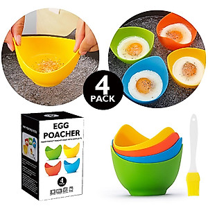 Mikim Egg Poachers Silicone Egg Poacher Cups with Ring Standers, Nonstick Egg Poaching Cups Poached Egg for Stovetop Air Fryer, BPA Free Egg Cooking Cups with Extra Oil Brush, 4 Pack