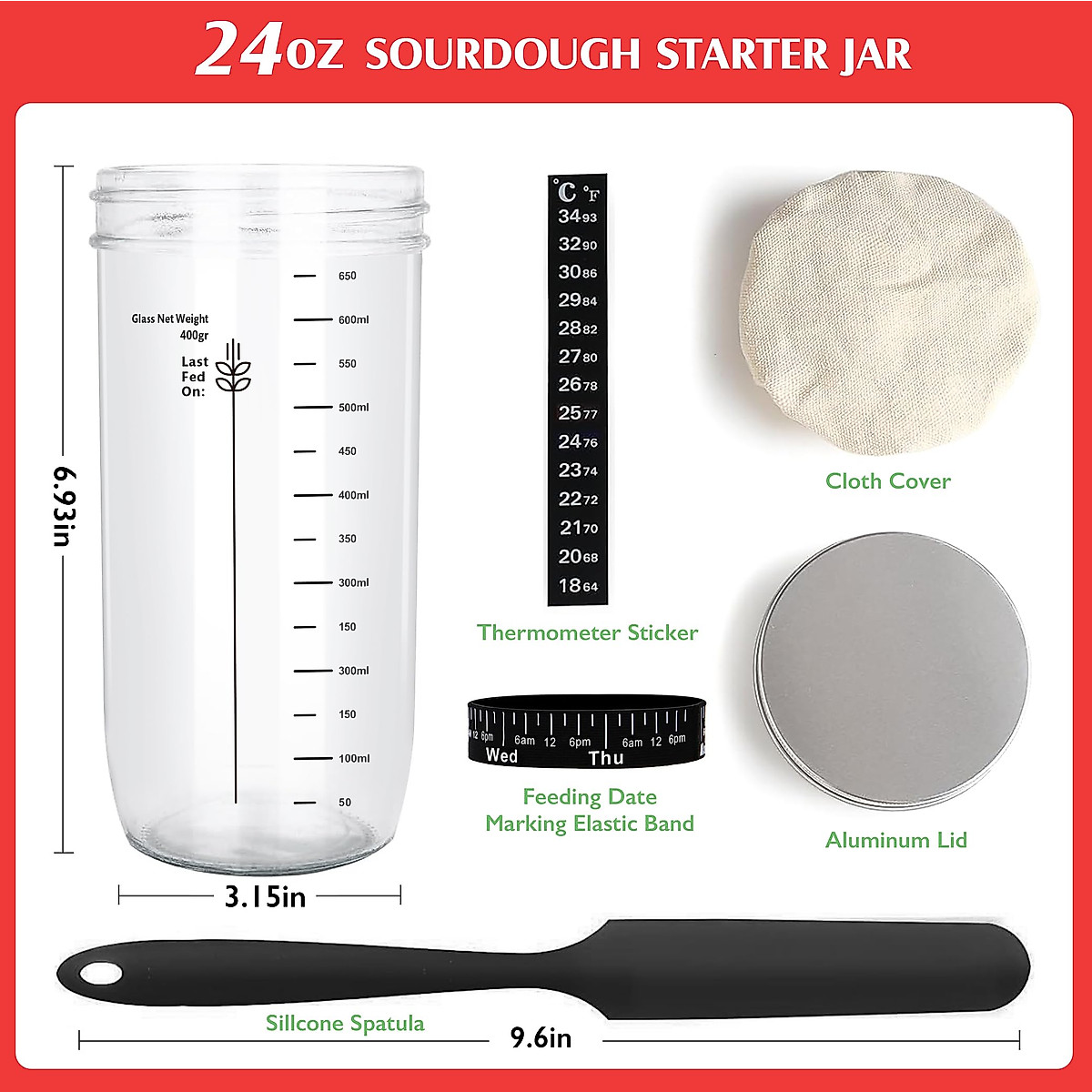 EIDDIZZ Sourdough Starter Jar Kits, Sourdough Starter Jar Glass with Date Marked Feeding Band, Thermometer, Cloth Cover & Metal Lid, Sourdough Jar Scraper, Home Bread Baking Supplies (1 PCS)
