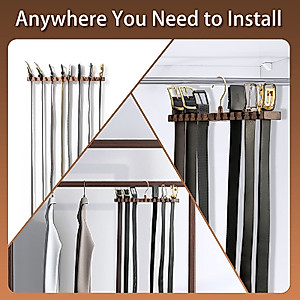Wooden Belt Rack for Closet Wall Mount, Sturdy Belt Hanger Organizer Holds 14 Belts, Space Saving Belt Holder for Closet Door Wall, Walnut