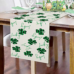 St Patricks Day Table Runner Shamrock Lucky Green Long Burlap Spring Holiday Kitchen Dining Banquet Indoor Outdoor Decorations Family Party Decor 13 x 72 Inch