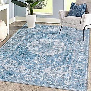 Fashionwu Washable Rug 8x10 Persian Area Rug Medallion Non-Slip Floor Mat Soft and Velvet Large Floor Cover for Bedroom Living Room 8x10 Rug Aesthetic Carpet Non-Shedding Anti-Slip Large Mat, Teal