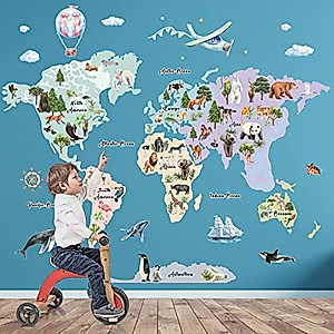 Large Animals World Map Wall Sticker Decals for Kids, Peel and Stick Wild Animals World Map Decor Stickers for Kids Wall Art Map of the World Decals for Nursery Classroom Playroom Kindergarten Educational Wall Decor