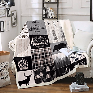 Buffalo Patchwork Fleece Blanket Throw Size, Hunting Bear Deer Sherpa Blanket For Kids Teens Adult, Rustic Farmhouse Grid Claw Throw Blanket Adventure Camping Plush Bed Blanket For Bedroom Sofa Couch