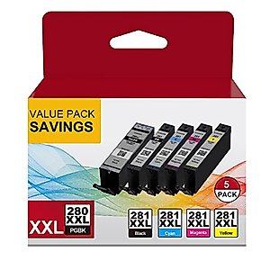 PGI-280XXL CLI-281XXL 5 Color Value Pack Replacement for Canon 280 281 Ink Cartridges to use with Canon TR8520 TR7520 TR8620 TS9120 TS6320 TS6220 TS6120 TS702 TS8120 TS8220 TS8320 Pinter (5 Pack)