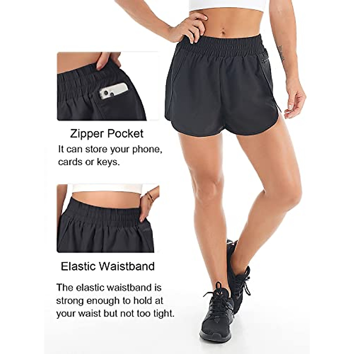 Blooming Jelly Womens Quick-Dry Running Shorts Sport Layer Elastic Waist Active Workout Shorts with Pockets 1.75" (Medium, Black)