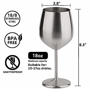 ARORA Stainless Steel Wine Glass 18oz - Set of 4 Matte Silver - 3.6" D x 8.3" H, Large (851005)