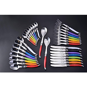 Laguiole By FlyingColors Stainless Steel Flatware Set. Multicolor Handles, Wooden Storage Box, 34 Pieces