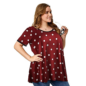 OVERWORETY Womens Short Sleeve Plus Size Tunics Loose Casual Swing Tops Summer Flowy T-Shirts(Red Polka Dots,3X)