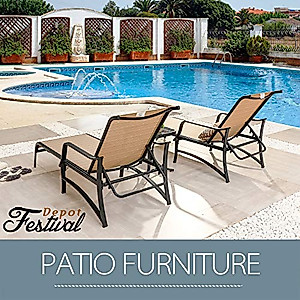 Festival Depot 3 Pc Patio Bistro Outdoor Chaise Lounge Chair Set Textilene Furniture Metal Adjustable Back Curved Armrest with Glass Desktop Coffee Side Table for Porch Yard Garden (Beige)