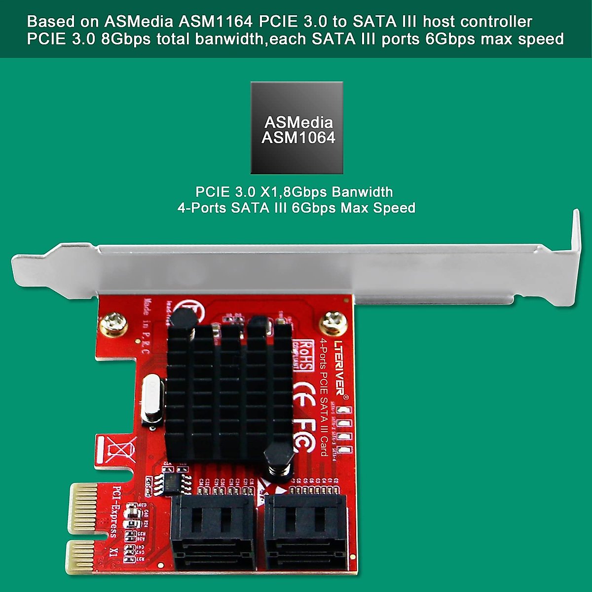 LTERIVER PCIE to 4-Ports 6Gbps SATA III Card for Windows Server, XP, 7, 8.0, 8.1, 10, 11(32/64), MAC OS and Linux Desktop PCs-4X 6Gbps Max SATA 3.0 None Raid Ports-Support AHCI Boot Up (PCE-G2S4)