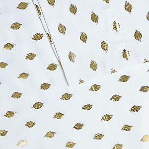 Intelligent Design Microfiber Cozy Bed Sheet Set, Modern All Season Bedding & Pillowcases, Premium 14" Elastic Pocket Fits up to 16" Mattress, Queen White/Gold Metallic Dot 4 Piece