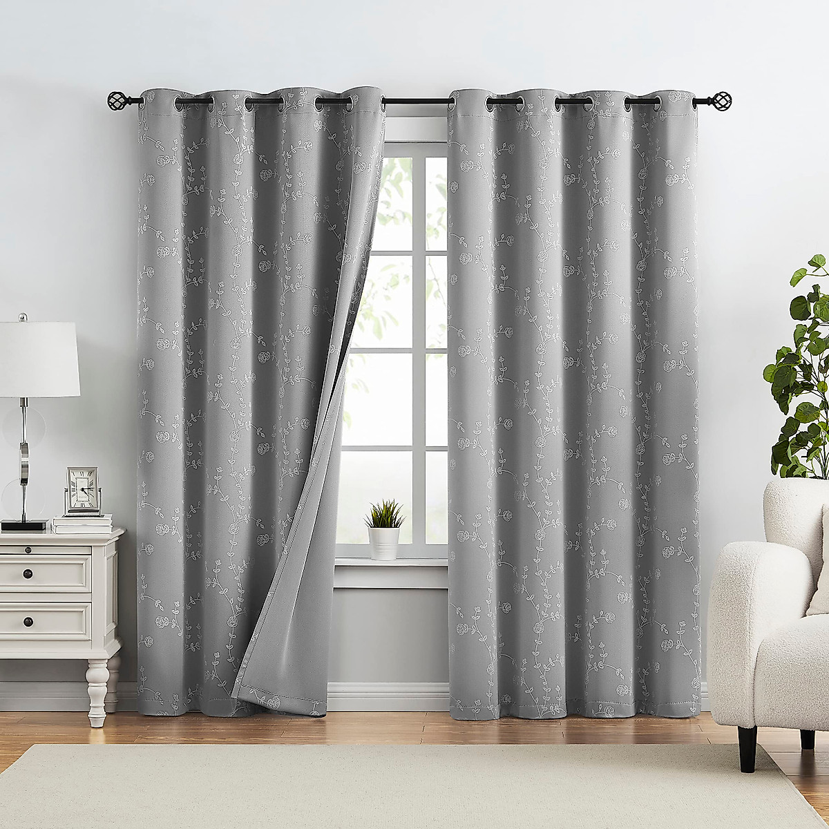 Fragrantex Grey Rose Blackout Curtains Set 84 Inch Length for Bedroom 2 Panels, Thermal Insulated Floral Print Patterned Decorative Room Darkening Living Room Drapes Grommet Top, 52" x 84"