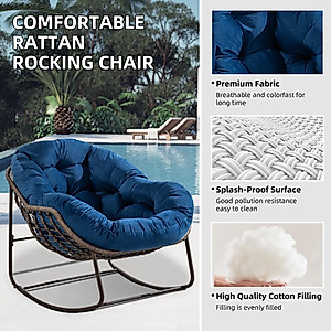 QQU Patio Rocking Chairs Set of 2，Indoor & Outdoor Wicker Rocker Chairs with Padded Cushion, All-Weather Rattan Chair with Steel Frame, Modern Lounge Egg Chair, Front Porch, Backyard,A-Navy