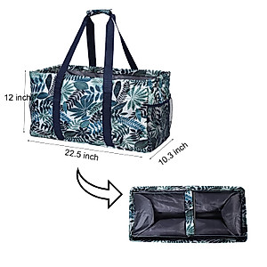 Extra Large Utility Tote Bag Beach Bag Reusable Grocery Bags Collapsible Tote with Wire Frame for Groceries Storage Picnic Leaves 3